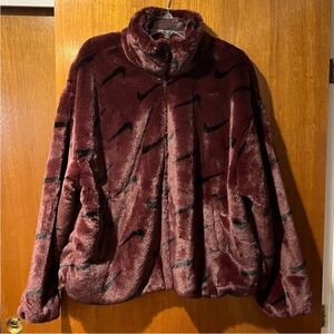 Nike | Jackets & Coats | Nike Swoosh Logo Faux Fur Jacket In Maroon And ...